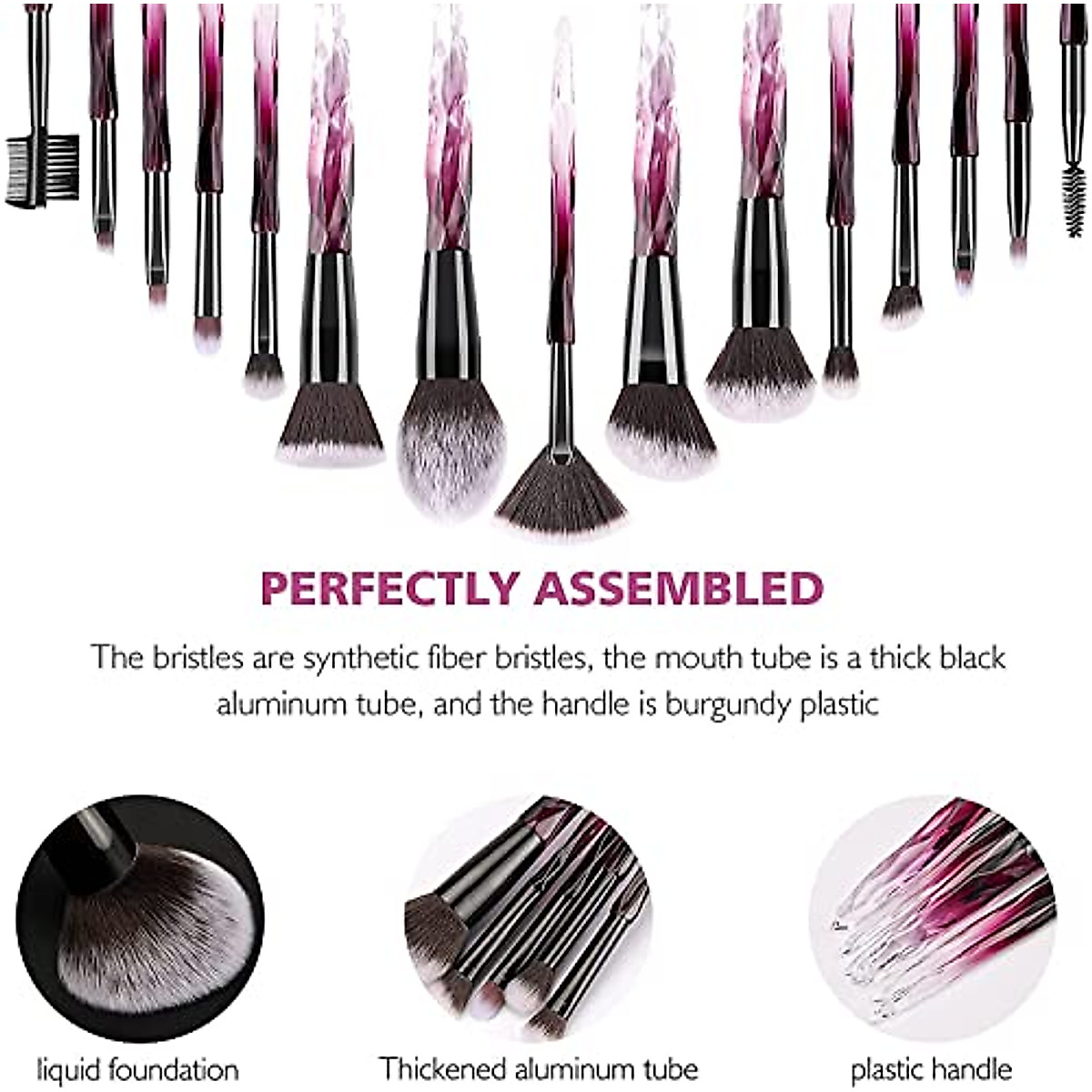 DUAIU Makeup Brushes 15pcs Premium Synthetic Bristles Crystal Handle Set Kabuki Foundation Brush Face Lip Eye Makeup Brush Sets Professional with Starry Gift Box（Purple)