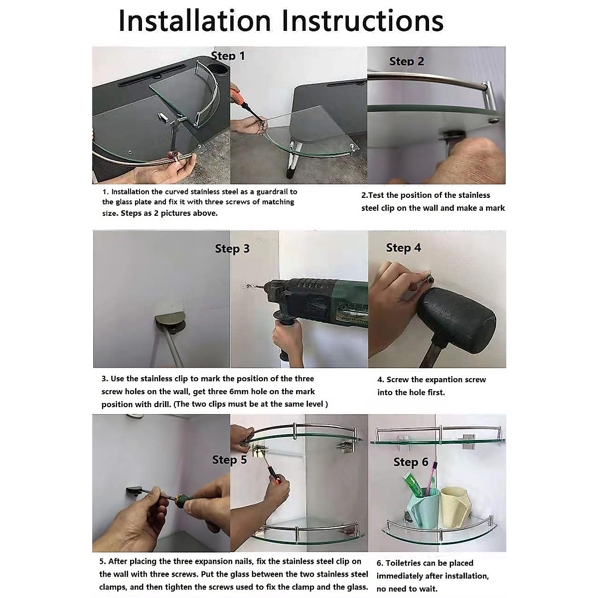 Halyuhn Bathroom Shower Corner Shelf, 9.5in Tempered Glass Bathroom Shelf for Bathroom Corner Shower Wall Mounted, 2 Tier Bathroom Organizers and Storage, Stainless Steel Rail