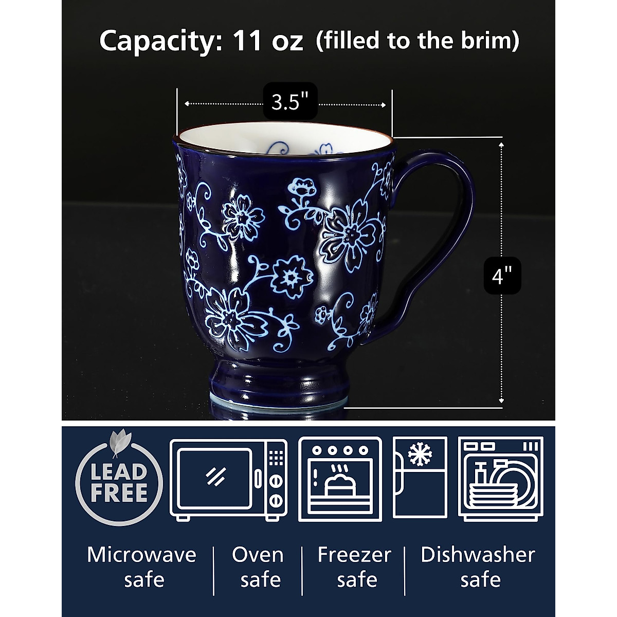 KUNABOO Artisanal Ceramic Mugs, Ceramic Coffee Cups, Coffee Mug Set of 2-11 oz -Sakura Floral Series Midnight Blue - Ready to Wrap Gift