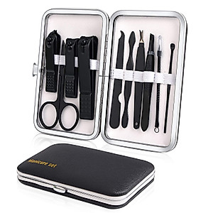 Manicure Set, Travel Mini Nail Clippers Kit Pedicure Care Tools, 10pcs Stainless Steel Grooming kit (Black)