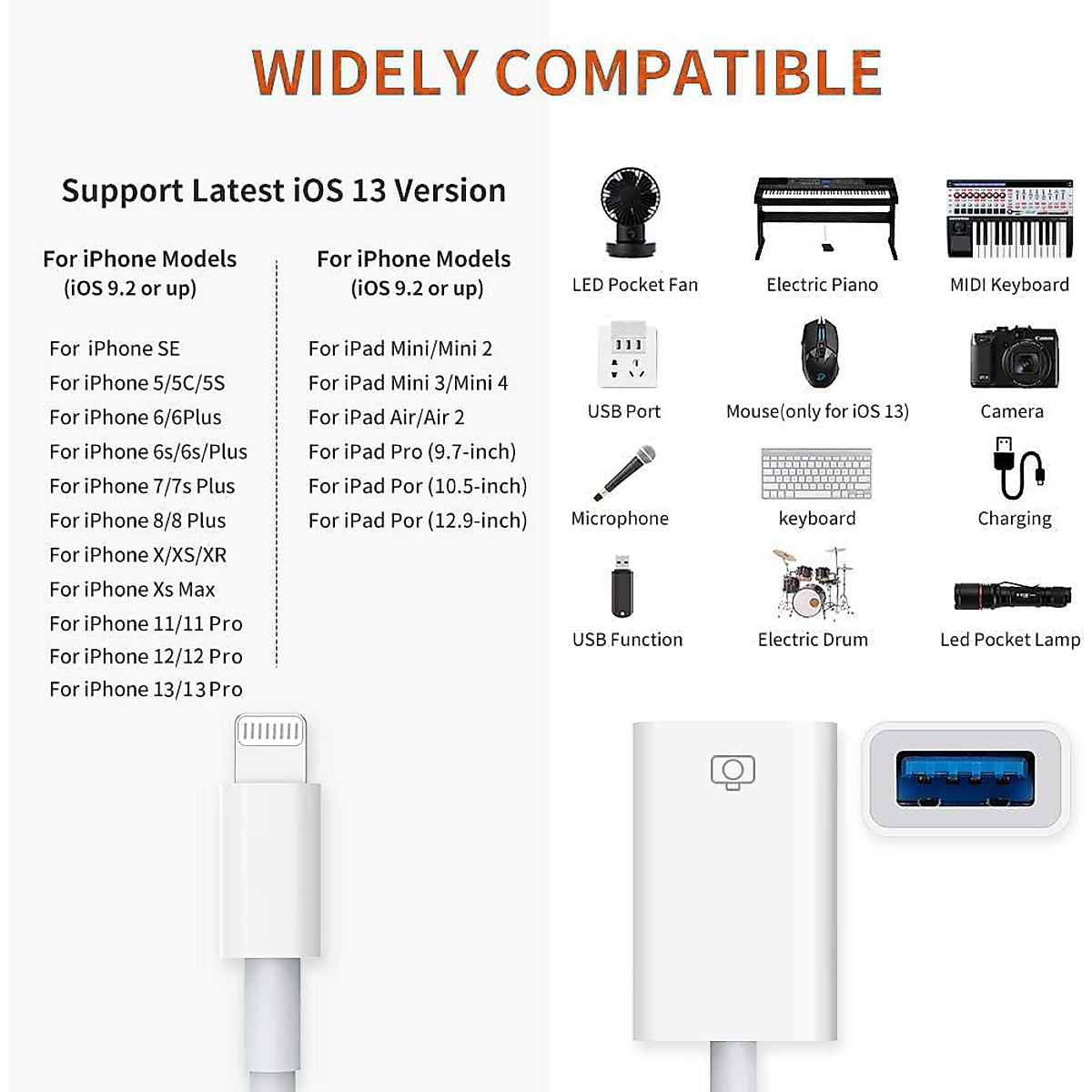 Lightning to USB Camera Adapter Apple MFi Certified Lightning Female USB 3.0 OTG Cable Adapter Compatible with iPhone/iPad, Supports Connect Camera, Card Reader, USB Flash Drive, MIDI Keyboard, Mouse