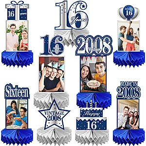Zirtorei 9pcs 16th Birthday Decorations Honeycomb Centerpieces for Boys, Blue Silver Vintage 2008 Photo Table Centerpieces Party Supplies, Blue Sixteen Year Old Bday Table Topper Decor