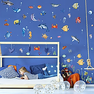 149 Pieces Ocean Animals Wall Decals Jellyfish Wall Stickers Removable Fish Under The Sea View Animals Peel and Sticks Wall Art Decor for Kids Baby Bedroom Living Room Nursery Classroom Decoration