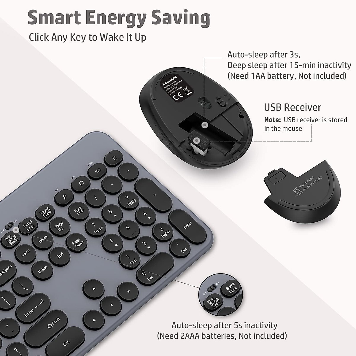 LeadsaiL Wireless Keyboard and Mouse Combo, Full-Sized Ergonomic Computer Keyboard with Phone Tablet Holder, 2.4GHz Silent Cordless Keyboard Mouse Set for Windows Laptop, PC, Desktop - Grey