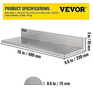 VEVOR Stainless Steel Wall Shelf, 8.6'' x 16'', 44 lbs Load Heavy Duty Commercial Wall Mount Shelving w/Backsplash for Restaurant, Home, Kitchen, Hotel, Laundry Room, Bar (2 Packs)