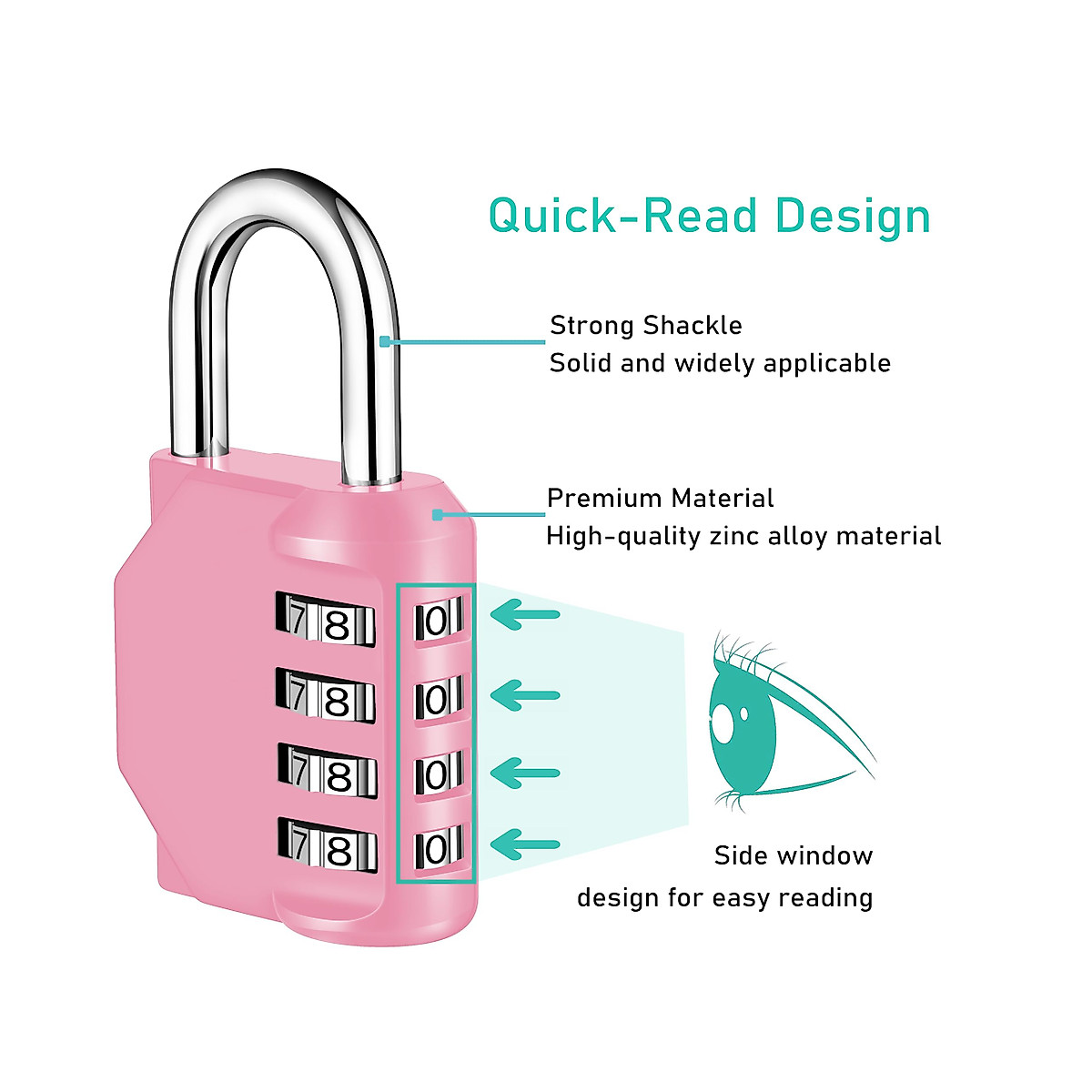 NAGE 4-Digit Combination Lock for Locker, Lock for Gym Locker, Fence, Gate, Case, Combination Padlock Easy to Use and Set, Number Lock Sturdy & Durable (Pink)