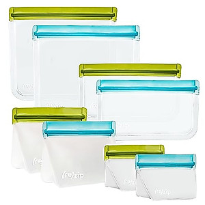 rezip 8-Piece Deluxe Bundle Reusable Storage Bags | BPA-Free, Food Grade, Leakproof, Freezer and Dishwasher Safe | 2 Mini Stand-up, 2 Stand-up Snack (1-cup), 2 Flat Snack, 2 Flat Lunch Bags (Green, Aqua)