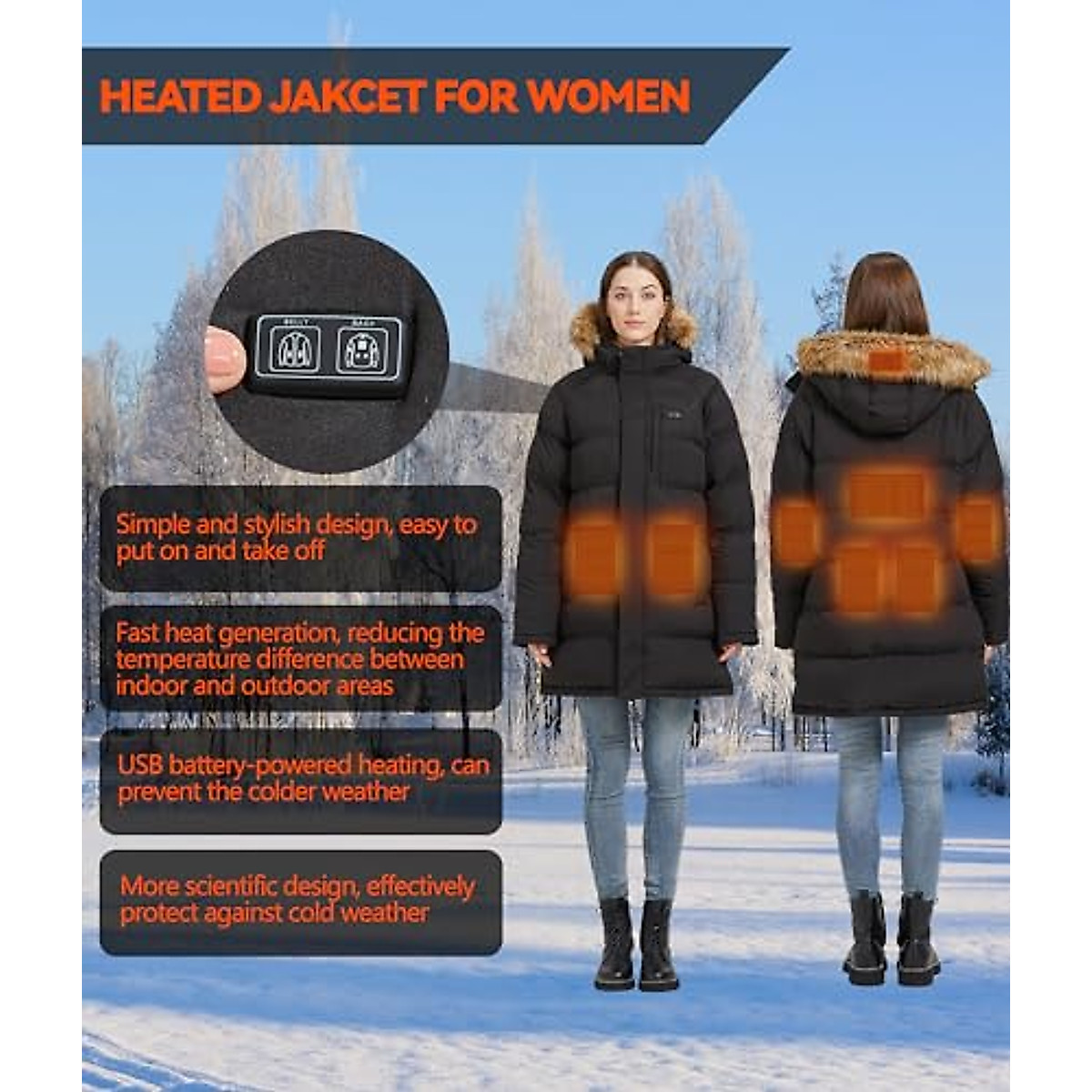 Heated Jackets for Women,Heated Jacket 8 Heating Zones,Long Winter Coats for Women (L)