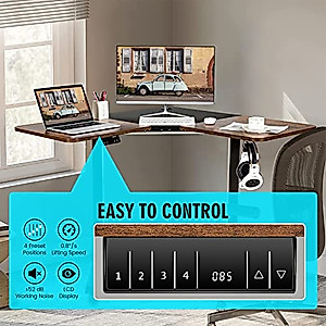 COSTWAY L Shaped Electric Adjustable Desk, L-Shaped Standing Computer Desk w/Splice Tabletop, 2 Hooks & Rolling Casters, Sit-Stand Corner Desk w/ 4 Memory Positions for Home Office (Rustic Brown)