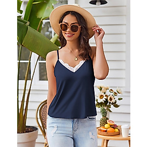 Ekouaer Pajama Sets for Women Lingerie Sleepwear 2 Piece Cami Shorts Set V Neck Pj Lace Sleepwear Navy Blue M