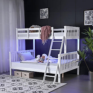 VINGLI Bunk Beds Twin Over Full Size with LED and Charging Station, Convertible Wood bunk beds with Angled Ladder, High Guardrail and Wood Slats, Space-Saving Design for Kids, Teens and Adults, White