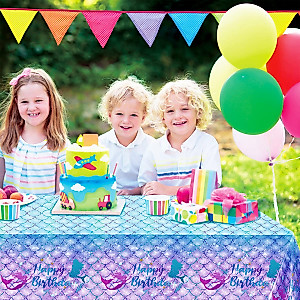 DaiUni 1PCS Mermaid Birthday Tablecloth for Birthday Party Decoration, Plastic Disposable Rectangle Table Cover for Kids Girls Party Supplies, 54" x 108"