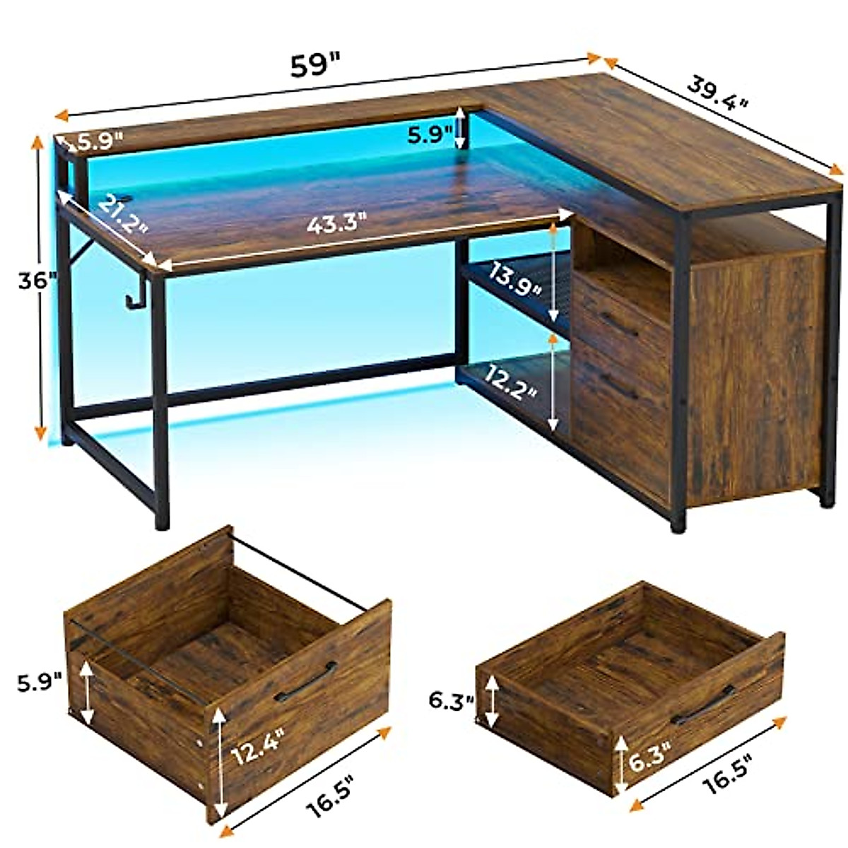SEDETA L Shaped Computer Desk, 59'' Corner Office Desk, Office Desk with Drawers, Legal/Letter/A4 File Drawers, Headphone Hook and Monitor Shelf, Home Office Desks for Printer, Rustic Brown
