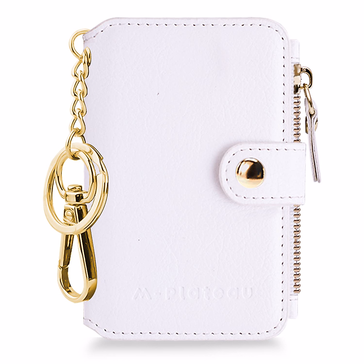 M-Plateau Off white Keychain Wallet, Wallet Women with Circle Coin Purse Keychain and Zipper Card Case,Trifold Leather wallet with ID Window Gift For Women (White)