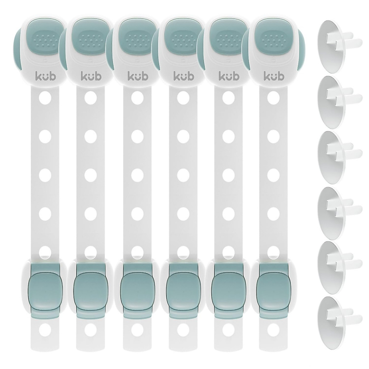 Baby Proofing Child Safety Strap Locks + Child Proof Outlet Covers (6+6 Pack) - Safety Locks for Baby with 3M Adhesive - Child Proof Cabinet Latches for Drawers, Fridge, Toilet - No Drilling (Green)