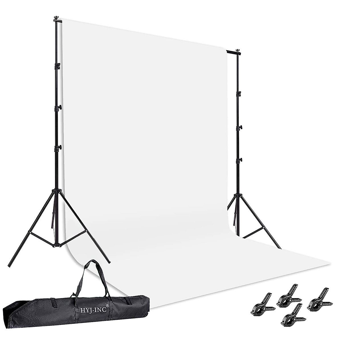 HYJ-INC Photo Background Support System with 8.5 x 10ft Backdrop Stand Kit, 100% White Cotton Muslin Backdrop,Clamp, Carry Bag for Photography Video Studio