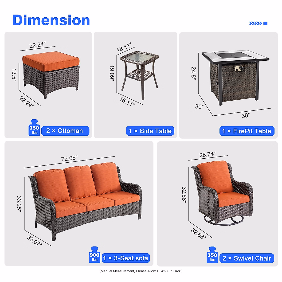 XIZZI Patio Furniture Sets Outdoor Swivel Rocking Chairs with 50,000 BTU Propane Fire Pit Table 7 Pieces All Weather PE Wicker Conversation Sofa and Matching Side Table,Brown Wicker Orange Red