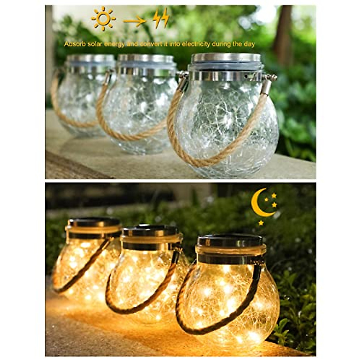 Solar Lantern, LED Hanging Outdoor Lanterns Waterproof, Round Cracked Style Light for Garden Yard, Patio, Lawn Decoration