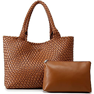 Woven Bag for Women, Fashion Top Handle Shoulder Bag Vegan Leather Shopper Bag Large Travel Tote Bag (Brown)