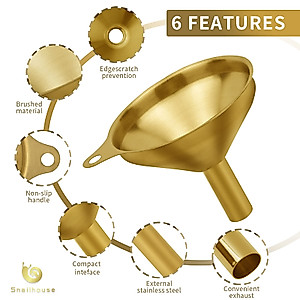 Snailhouse Small Funnels, 3 Pack Stainless Steel Mini Metal Food Funnel with Cleaning Brush Set for Filling Bottles Kitchen Use, Gold (1.78/2.16/2.95 in)