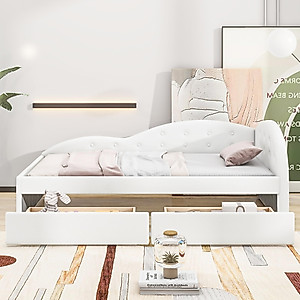 Hlcodca Twin Size Upholstered Daybed with Two Drawers and Cloud Shaped Guardrail, Pu Upholstered Tufted Platform Bed Frame with Wooden Slat Support for Bedroom Living Room (White-007)