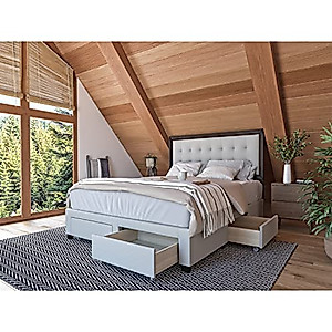 DG Casa Soloman Upholstered Panel Bed Frame with Storage Drawers and Square Tufted Wood Trim Headboard-Queen Size in Beige Fabric