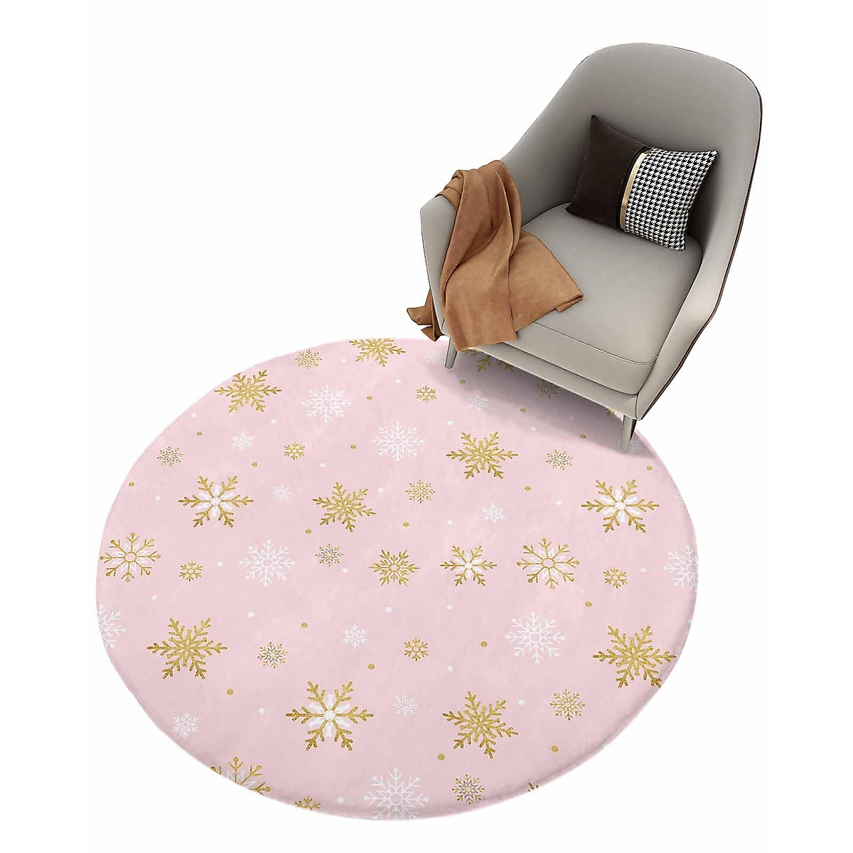 Blush Pink Snowflake Fluffy Round Area Rug Carpets 3.3ft, Plush Shaggy Carpet Soft Circular Rugs, Non-Slip Fuzzy Accent Floor Mat for Living Room Bedroom Nursery Merry Christmas Romantic Gold White