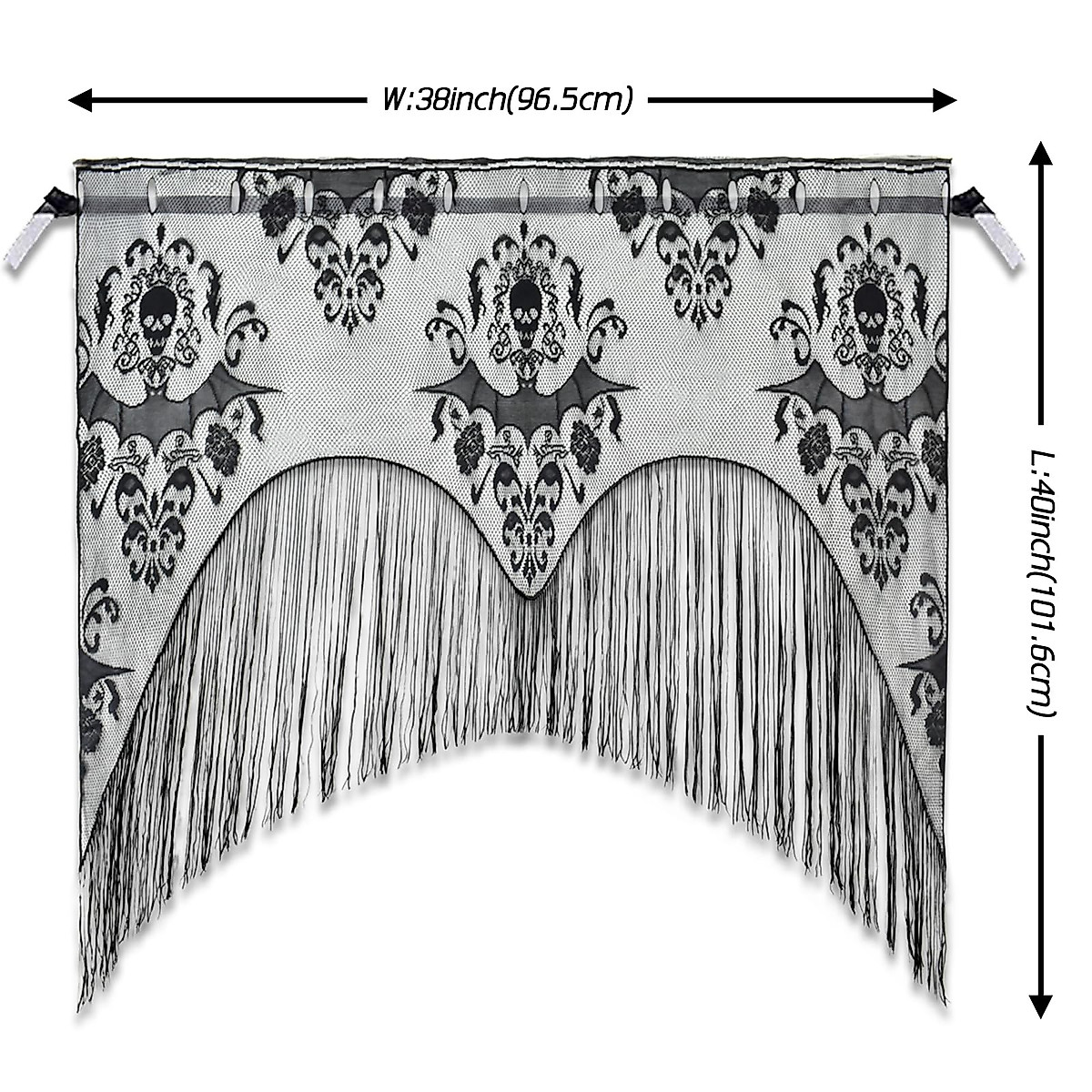 ZeeDix 2 Pcs Halloween Lace Bat Window Curtain- Black Fireplace Mantles Scarf, Door Curtain and for Halloween Home Party Decorations, Halloween Party Supplies