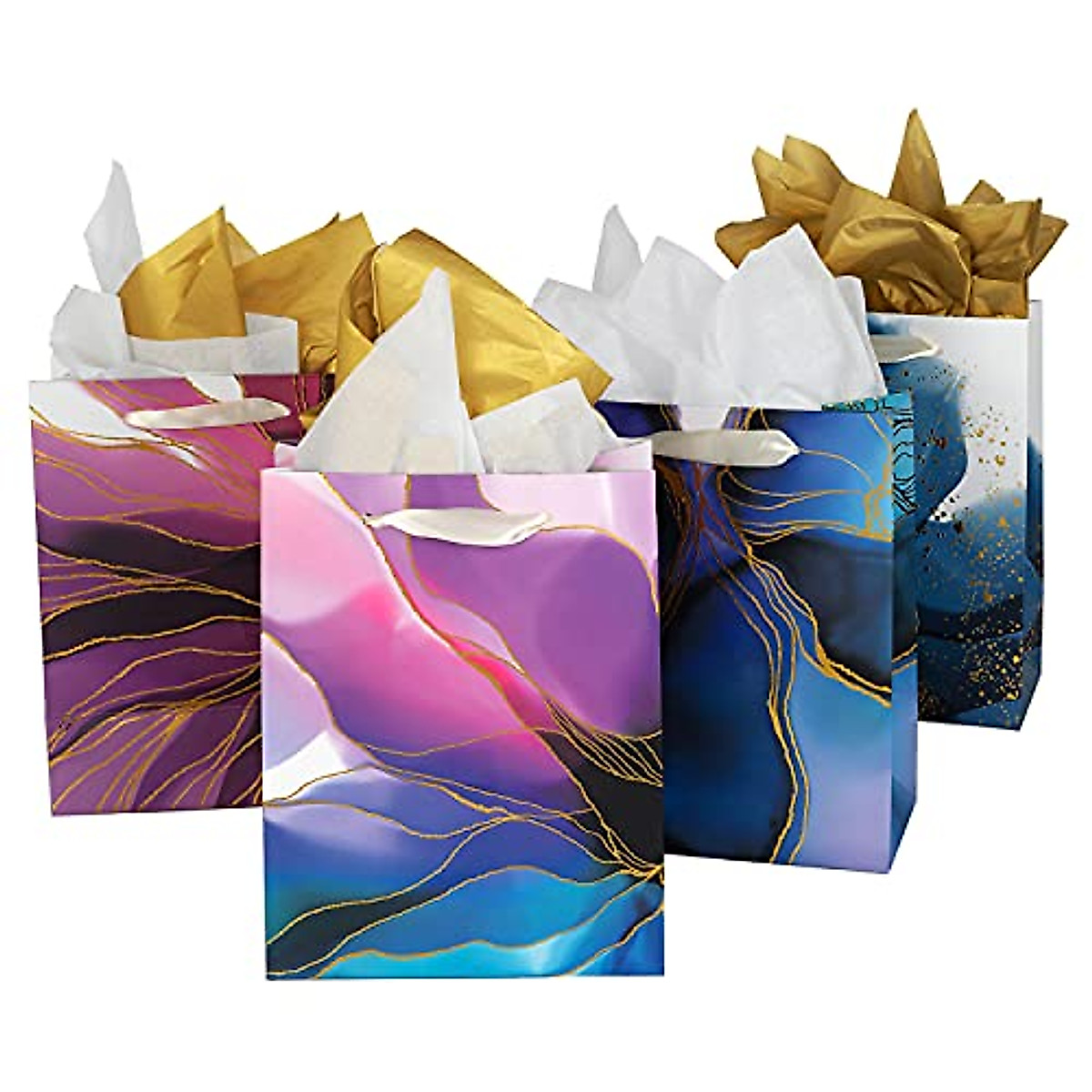 Homeadow Bags - 4 Pcs Assorted Gift Bags, Medium Size (9"x7") - Assorted with 4 Different Designs, Laminated Cardboard, Gold Foil, includes 8 tissue papers - Golden Blossom