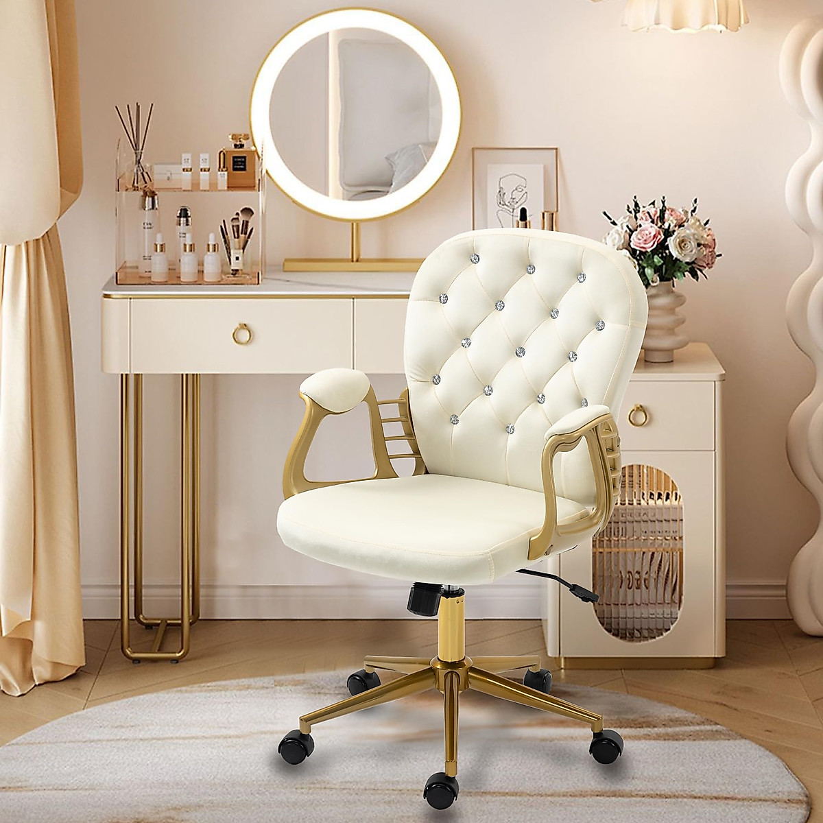 cayglow Velvet Office Desk Chair Comfy with Gold Base, Comfortable Makeup Chairs for Vanity with Back and Wheels,Button Tufted Armchair Swivel Rolling Chair,for Girls Women Study Bedroom,Beige