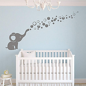 Removable Nursery Room Wall Decor Cute Elephant Blowing Bubbles Wall Decal Art Vinyl Wall Decor Sticker for Baby Bedroom (Gray)