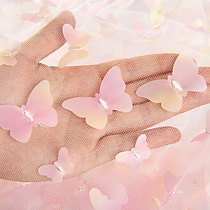 Rainbow Pink Tulle Fabric Rolls: 2 Yards 3D Butterfly Embroidery Fabric - DIY Cloth for Birthday Party Decorations Wedding Bridal Shower Baby Shower