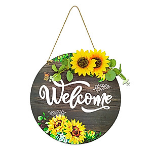 ONOW Welcome Sign for Front Door, Round Sunflower Welcome Sign (12''x12''), 12 Inch Hanging Welcome Wooden Wall Decor for Front Porch, Welcome Wreath Door Decor for Home Office Garden Farmhouse