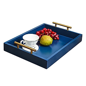 Juleduo Serving Tray 16.5“X 13“Deluxe Wooden Ottoman Tray for Coffee Table with Polished Silver Metal Handles and 4 Coasters, Living Room Bathroom Coffee Bar Organizer Modern Decorative Blue Tray