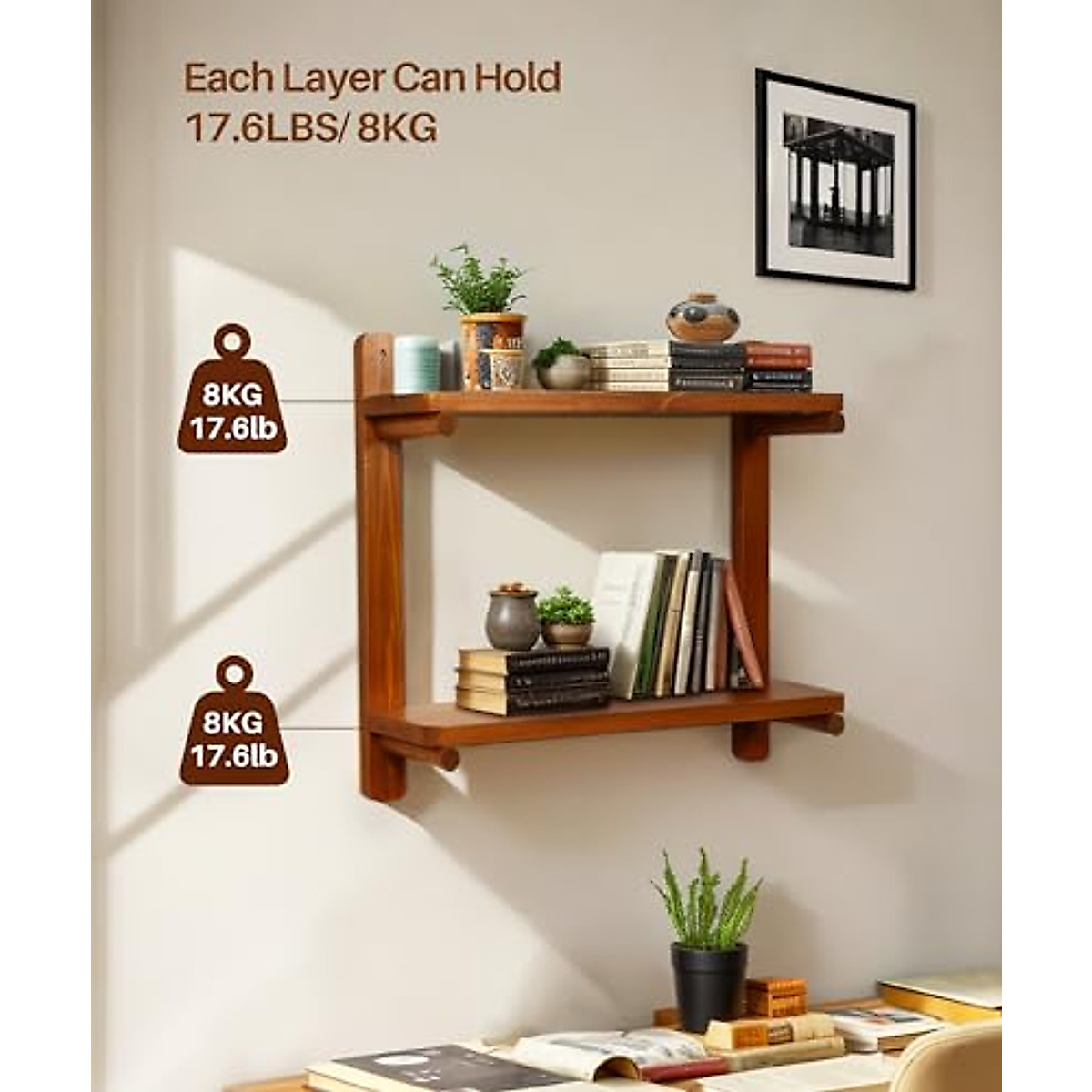 SUMGAR 24 Inch Floating Shelves for Wall Mounted Shelving Unit All Pine Wood 2 Tier Large Shelf for Bedroom Living Room Office Bathroom Home Decoration Storage Plant Photo Display Mid Century Modern