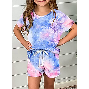 Dokotoo Girls Summer Cute T-Shirt Shorts Set Outfits Short Sleeve Tops Tee Shirts Clothes Crew Neck Tie Dye Stretchy Shorts Fashion Clothing with Side Pockets Size 8-9 Sky Blue