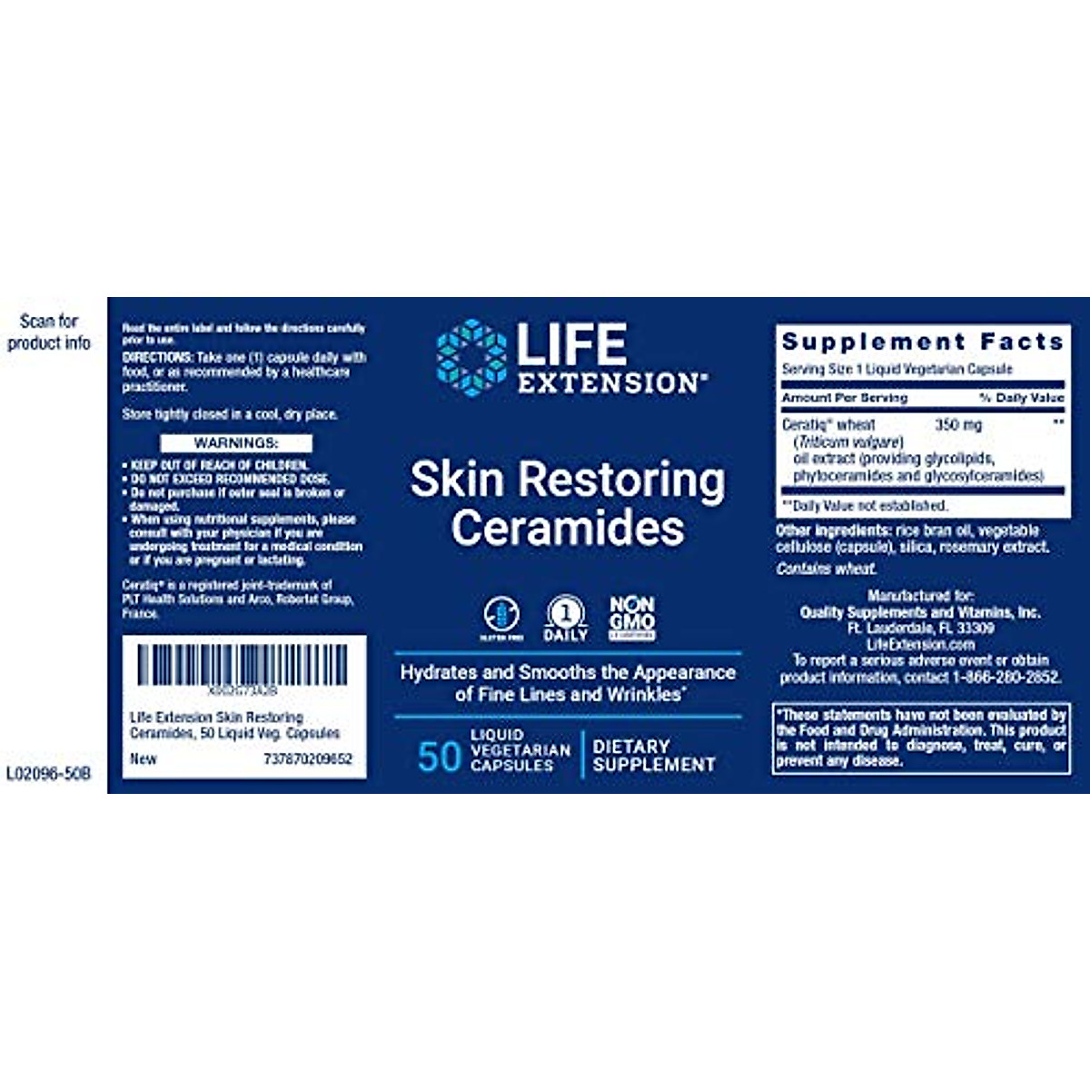Life Extension Skin Restoring Ceramides, 50 Liquid Veg Caps (Pack of 2) - Non-GMO, Vegan Phytoceramide Supplement