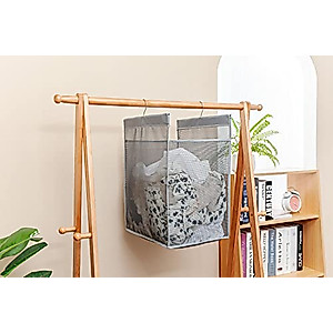 ALYER Hanging Collapsible Closet Mesh Laundry Hamper,Heavy Duty Laundry Basket and Durable Dorm Bathroom Storage Bag with Two Hangers,Gray