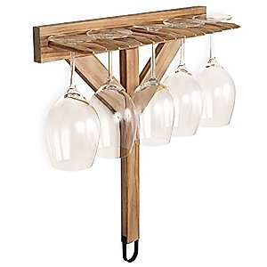 Rustic State Mucur Rake Design Wall Mounted Stemware Rack Hanging Shelf Glassware Holder Bar Organizer with 6 Wine Glass Storage 17.5 Inch Long Light Walnut