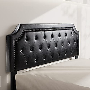 BONSOIR Bed Frame Upholstered Low Profile Platform Bed with Tufted Faux Leather Headboard/No Box Spring Needed/No Bed Skirt Needed (Black, Queen Size)
