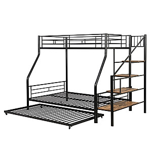 Jintop Twin Over Full Size Metal Bunk Bed with Trundle and Storage Staircase,Bedroom Heavy Duty Bed Frame W/Full-Length Guardrail,Save Space,for Kid Boy Girl Adult,Black