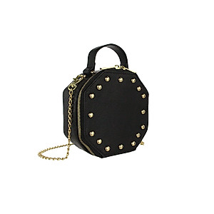 Olivia Miller Women's Fashion PU Leather Mini Octagon Crossbody Shoulder Handbag w Gold Stud Accent n Zipper, Casual Evening Purse