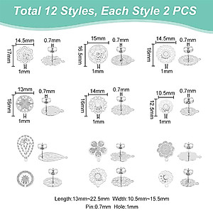 UNICRAFTALE 24pcs 12 Styles Stainless Steel Flower Stud Earrings with Loop Bohemian Hollow Flat Filigree Earrings Posts with Hole Teardrop Stud Earring Metal Ear Stud Component for Jewelry Making