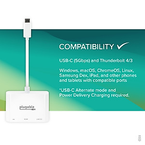 Plugable USB C to HDMI Multiport Adapter, Driverless 3-in-1 Hub with 4K HDMI Output, USB 3.0 and USB-C Charging Port, Compatible with MacBook, Chromebook, Dell XPS, Thunderbolt 3 and More