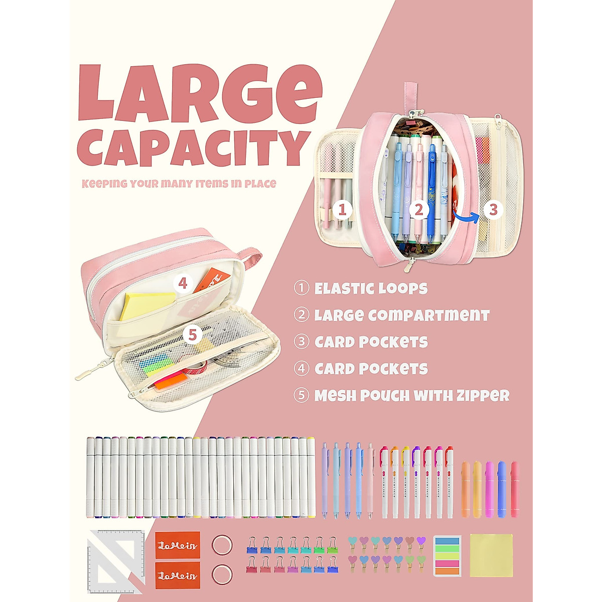 SUNEE Cute Pencil Case, Aesthetic Pen Pouch with 3 Compartments, Kawaii Colored Large Pencil Bag with Zipper, Stationery Storage and Organizer, Pink School Supplies for Teen and Adult Girls