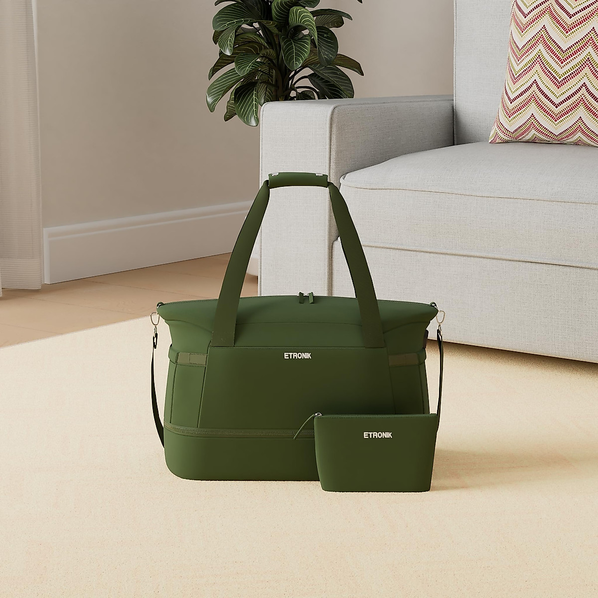 ETRONIK Gym Bag for Women, Travel Duffel Bag with USB Charging Port, Weekender Overnight Bag with Wet Pocket and Shoes Compartment for Women, Travel, Gym, Yoga (Army Green)