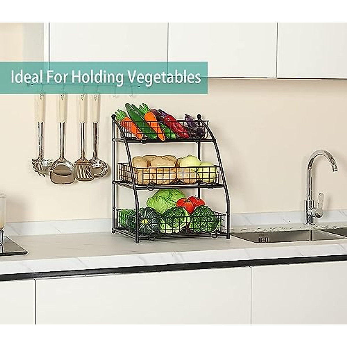 Fruit Basket for Kitchen Counter, 3-tier Fruit Holder Stand for Kitchen Countertop, Large Capacity Fruit Bowl Baskets for Kitchen Counter, Wire Baskets for Storage of Snack Produce Potato Onion