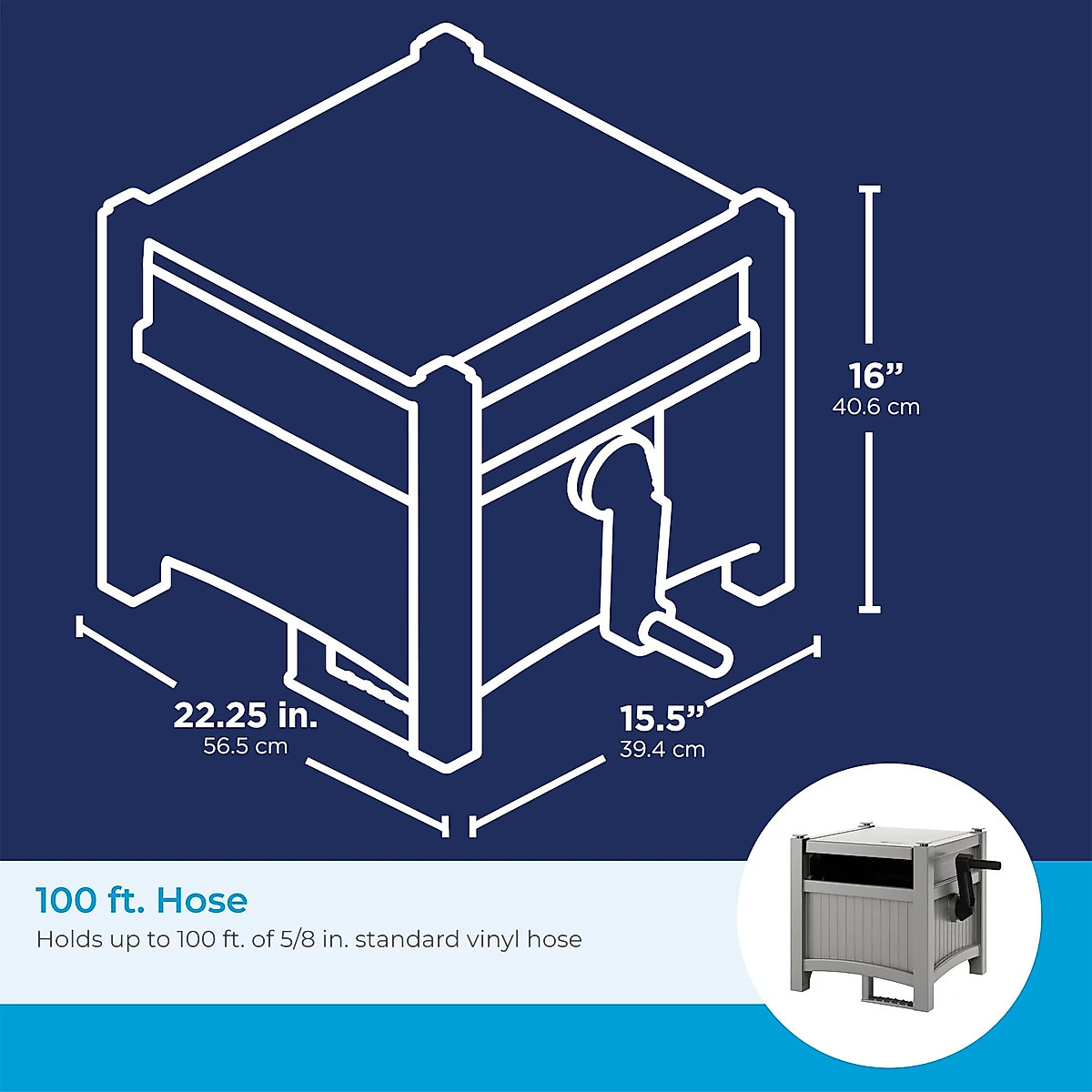 Hose Reel Resin Hose Reel Cart 100 ft Outdoor Hose Storage Reel with Crank Handle, Lid, and Slide Trak Guide 100' Hose Capacity