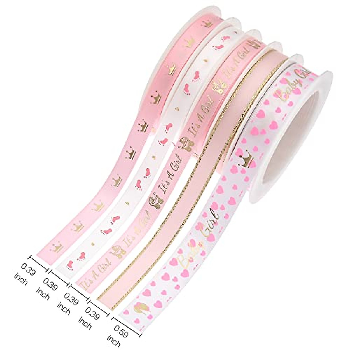 LaRibbons 5 Rolls Baby Girl Light Pink Craft Ribbon, 5 Yards/Roll, Total 25 Yards - Perfect for Baby Shower, Birthday, Gift Wrapping, Party Decoration