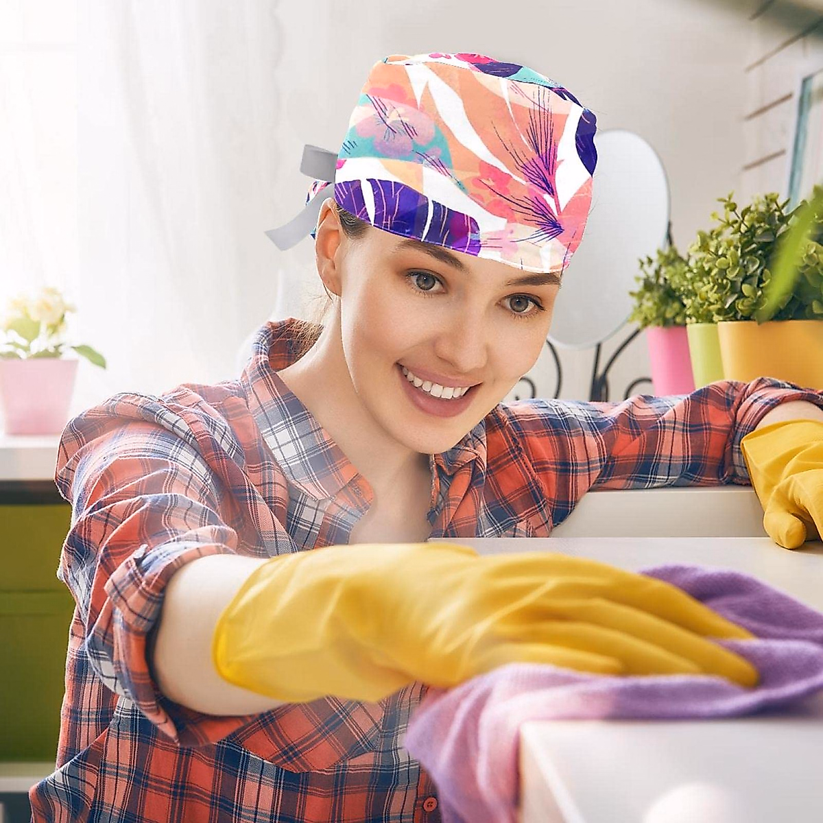 Adjustable Scrub Bouffant Caps, 2 Packs Colorful Floral Working Hat Hair Cover with Ponytail Pouch, Soft Surgical Nurse Cap